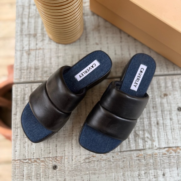 caverley | Shoes | Black Leather Slides With Denim Insole | Poshmark